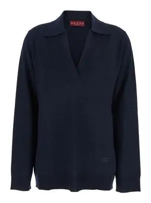 Gucci Blue Polo Collar Sweater With Gg Logo On The Front In Wool - Multicolor