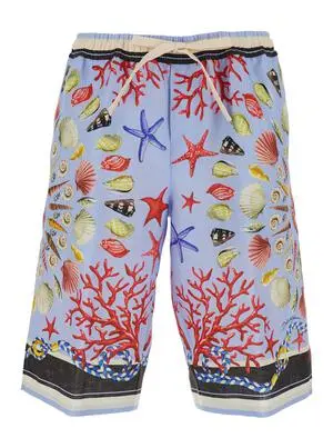 Dolce & Gabbana Multicolor Shorts With Elastic Drawstring And All-over Print In Linen - Blue