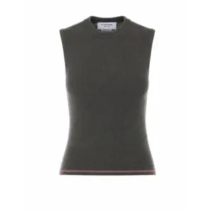 Thom Browne Merino Wool Knitted Tank Top With Stripe - Gray