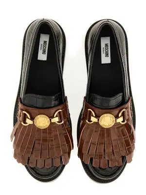 Moschino Croc Effect Leather Moccasin With Fringe And Coin