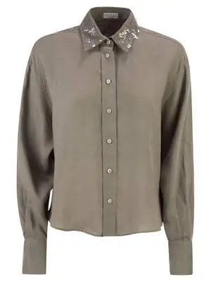 Brunello Cucinelli Linen Shirt With Sequin-embroidered Collar - Yellow