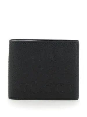 Gucci Black Bi-fold Wallet With Embossed Logo Lettering On The Front In Grained Leather - Multicolor