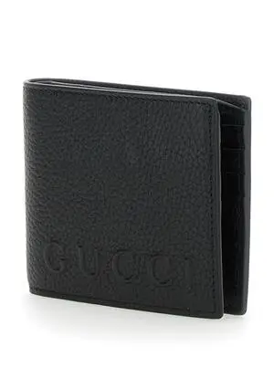 Gucci Black Bi-fold Wallet With Embossed Logo Lettering On The Front In Grained Leather