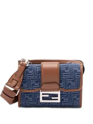 Fendi Denim-effect Ff Jacquard And Leather Double Baguette Bag - Blue