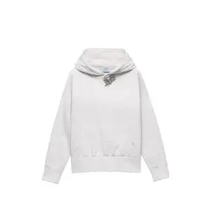 Prada Cotton Fleece Distressed Hoodie With Jewel Brooch - Gray