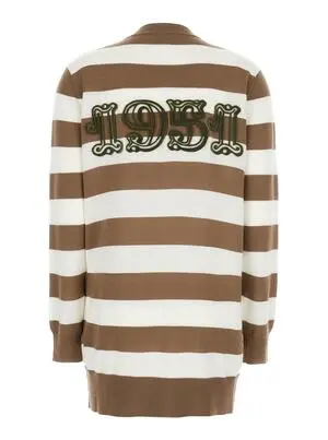 Max Mara Fiemme'beige Cardigan With Rear Embroidery And All-over Striped Motif In Wool - Multicolor