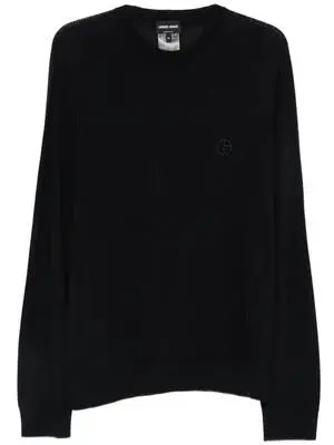 Giorgio Armani Logo Embroidered Wool Sweater - Blue