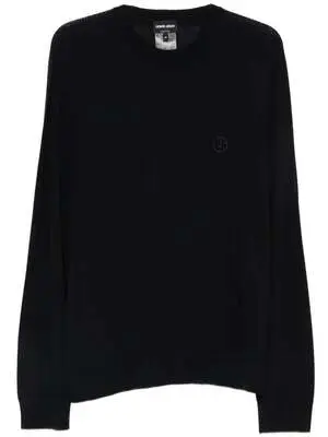 Giorgio Armani Logo Embroidered Wool Sweater - Blue