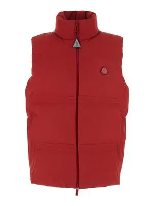Moncler Sparky' Red Sleeveless Down Jacket With Slogan Print On The Collar And Logo Patch On The Front In Tech Fabric Stretch - Multicolor
