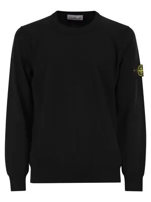 Stone Island Crew Neck Jumper With Small Lapel - Black
