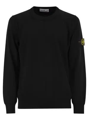Stone Island Crew Neck Jumper With Small Lapel - Black