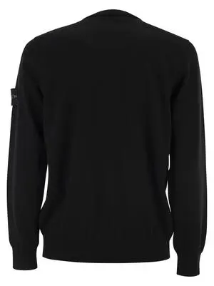 Stone Island Crew Neck Jumper With Small Lapel - Black