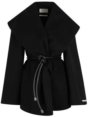 Sportmax Wraparound Wool Cape With Leather Belt - Black