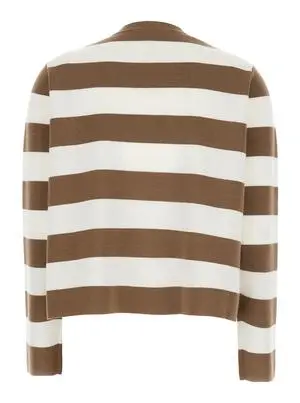Max Mara Viterbo' Beige Crewneck Sweater With Embroidery On The Front And All-over Striped Motif In Wool - Multicolor