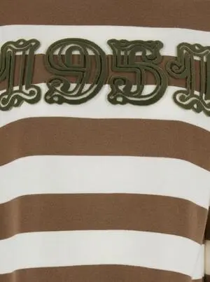 Max Mara Viterbo' Beige Crewneck Sweater With Embroidery On The Front And All-over Striped Motif In Wool - Multicolor