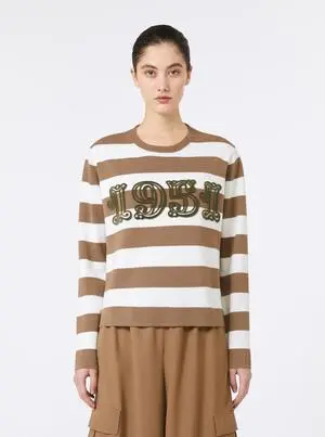Max Mara Viterbo' Beige Crewneck Sweater With Embroidery On The Front And All-over Striped Motif In Wool - Multicolor