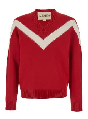 Valentino Garavani Red Sweater With V Neck And Rear Bow With Vlogo Plaque In Wool - Multicolor