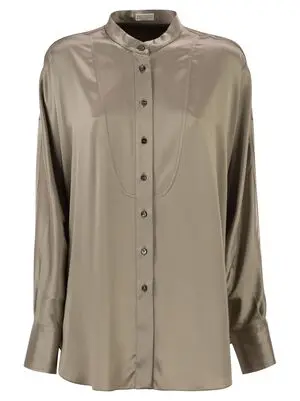 BRUNELLO CUCINELLI Brunello Cucinelli Women Stretch Silk Satin Mandarin Collar Shirt With Necklace