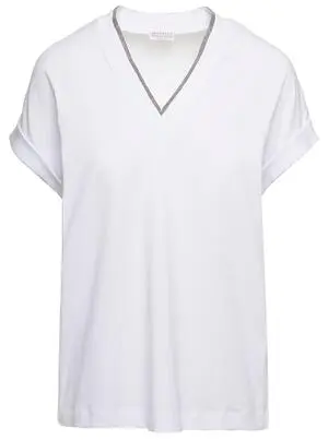 Brunello Cucinelli V-neck T-shirt With Monile Detail In Stretch Cotton - White