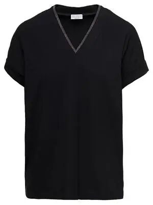 Brunello Cucinelli T-shirt With Monile Detail And V-neck In Stretch Cotton For - Black