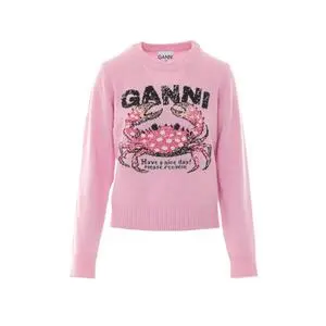 GANNI Logo Wool Sweater With Crab Print - Pink