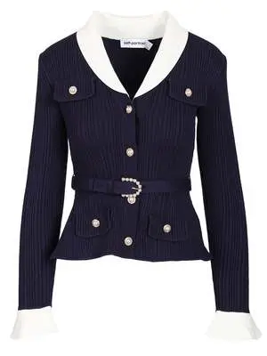 SELF-PORTRAIT Ribbed Cardigan - Blue