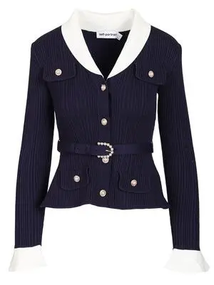 SELF-PORTRAIT Ribbed Cardigan - Blue