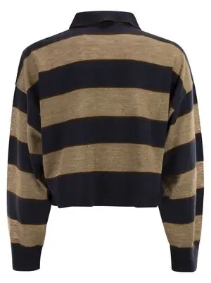 Brunello Cucinelli Sparkling Stripes Cropped Polo Shirt In Virgin Wool, Cashmere And Linen Knit - Multicolor