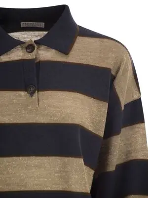 Brunello Cucinelli Sparkling Stripes Cropped Polo Shirt In Virgin Wool, Cashmere And Linen Knit - Multicolor