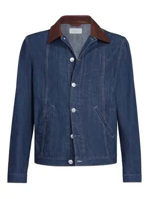Brunello Cucinelli Lightweight Denim Jacket With Leather Collar - Blue