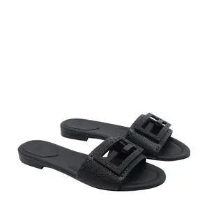 Fendi Leather Baguette Slides - Black