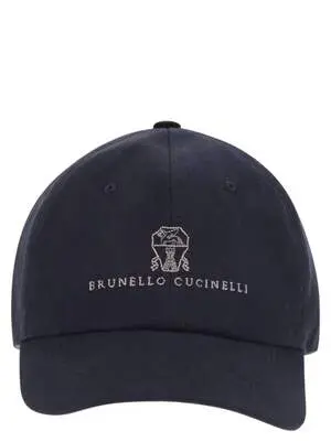 Brunello Cucinelli Baseball Cap In Garment-dyed Twisted Cotton Gabardine With Embroidered Logo - Blue