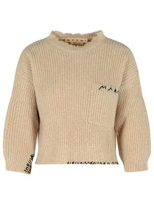Marni Beige Mouliné Virgin Wool Sweater With Mending' Embroidery - Cream