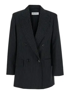 Max Mara Mattia' Black Double-breasted Jacket With Peak Revers And All-over Striped Motif In Wool - Multicolor