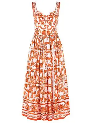 Dolce & Gabbana Maiolica' White And Cotton Maxi Dress - Orange