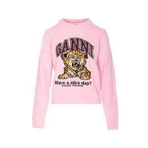 GANNI Logo Wool Jumper With Tiger Print - Pink