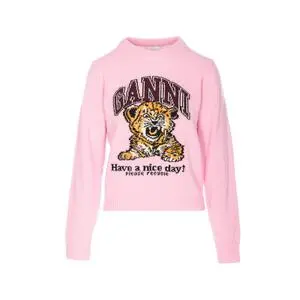 GANNI Logo Wool Jumper With Tiger Print - Pink