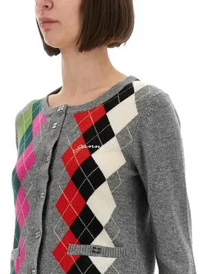 GANNI Jacquard Cashmere Cardigan - Purple
