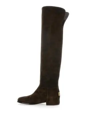 Dolce & Gabbana Brown Knee-high Boots With Back Logo Plaque In Suede - Multicolor