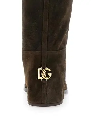 Dolce & Gabbana Brown Knee-high Boots With Back Logo Plaque In Suede - Multicolor
