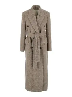 GOLDEN GOOSE Beige Double-breasted Coat With Classic Lapels And Belt In Wool And Mohair Blend - Multicolor