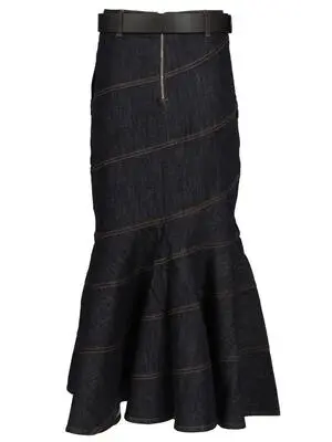 SELF-PORTRAIT Belted Denim Midi Skirt - Blue