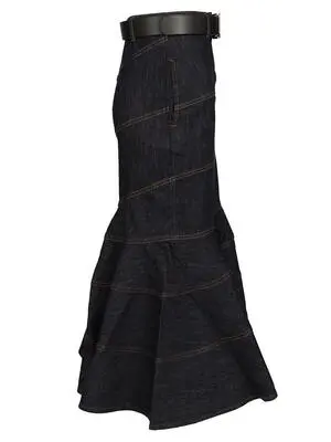 SELF-PORTRAIT Belted Denim Midi Skirt - Blue