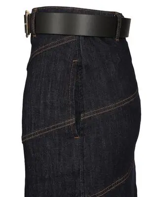 SELF-PORTRAIT Belted Denim Midi Skirt - Blue