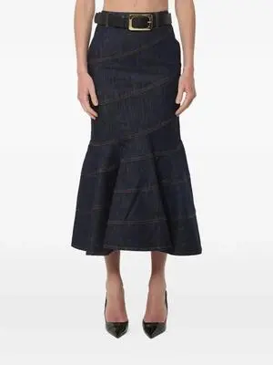 SELF-PORTRAIT Belted Denim Midi Skirt - Blue