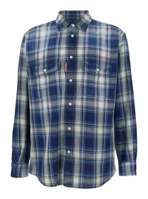 Dsquared2 Blue Shirt With Classic Collar And All-over Check Motif In Cotton - Multicolor