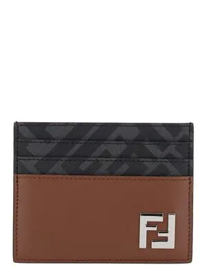 Fendi Card Holder With Ff Plaque On The Front In Leather And Ff Canvas - Brown