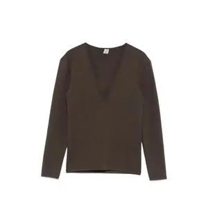 TOTEME Ribbed Knit V-neck Pullover - Brown