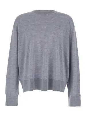 AMI Paris Ami Paris Men Grey Crew Neck Sweater With Embroidered Logo On The Front In Wool Man Multicolor
