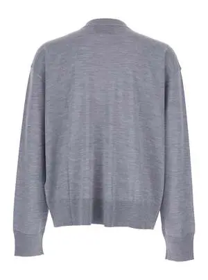 AMI Paris Grey Crew Neck Sweater With Embroidered Logo On The Front In Wool - Multicolor